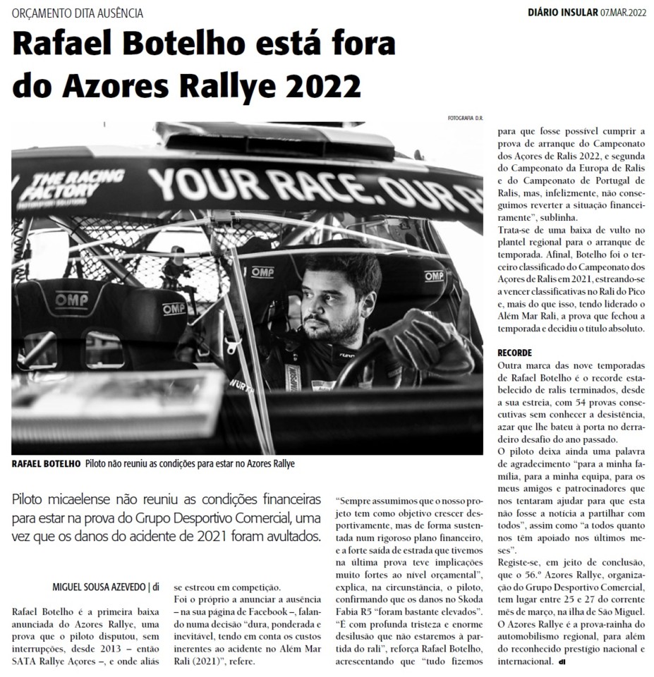 Rafael Botelho está fora do Azores Rallye 2022 (DI) - PORTO DAS PIPAS