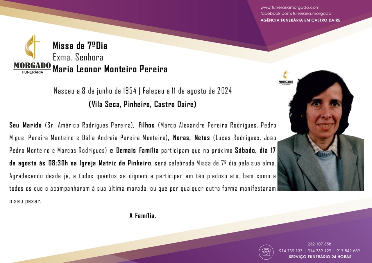 MISSA DE 7ºDIA | Sra. Maria Leonor Monteiro Pereira (Vila Seca ...